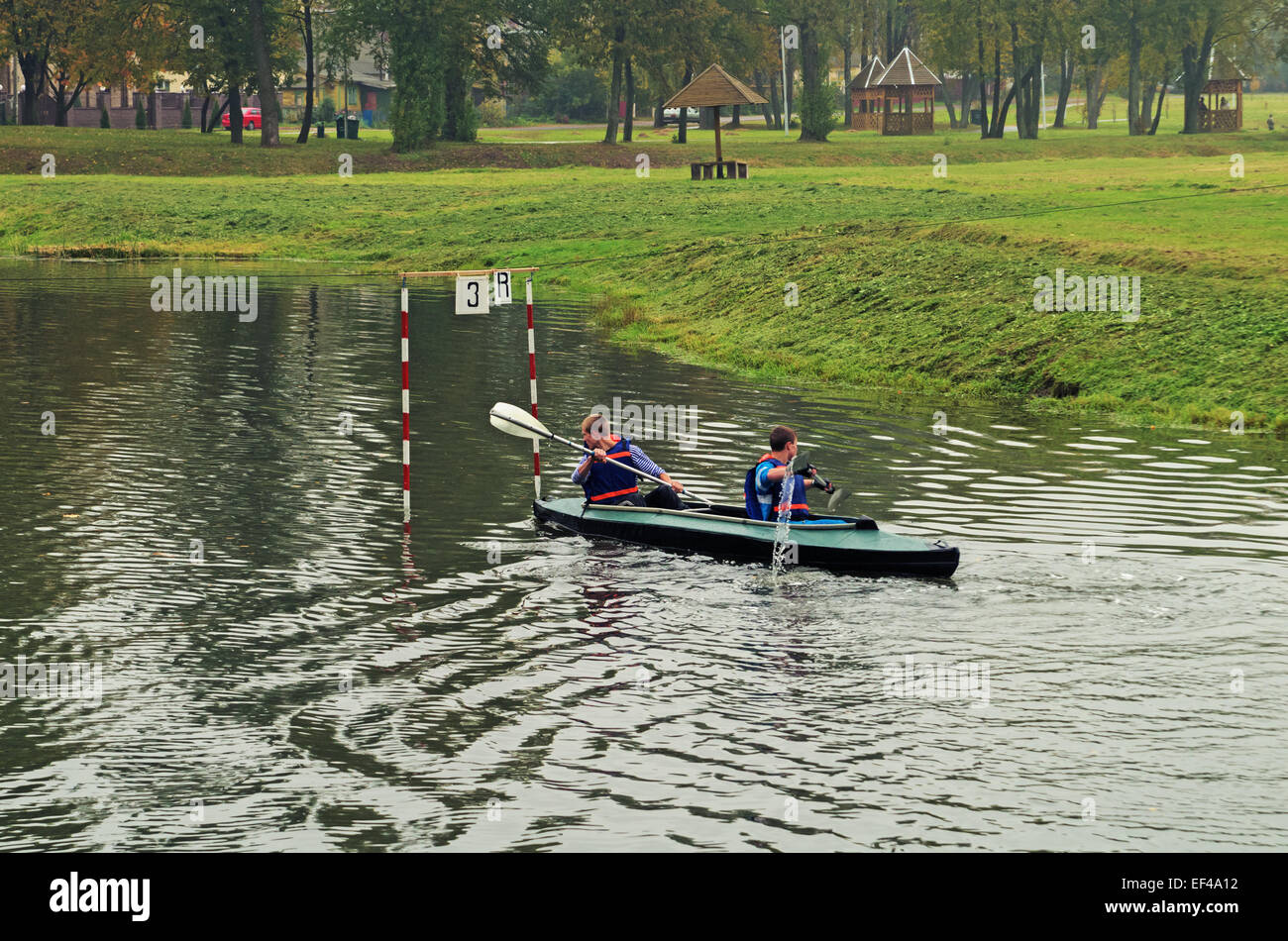 World Tourism Day.Sport tourism competition in park on the river Vitba ...
