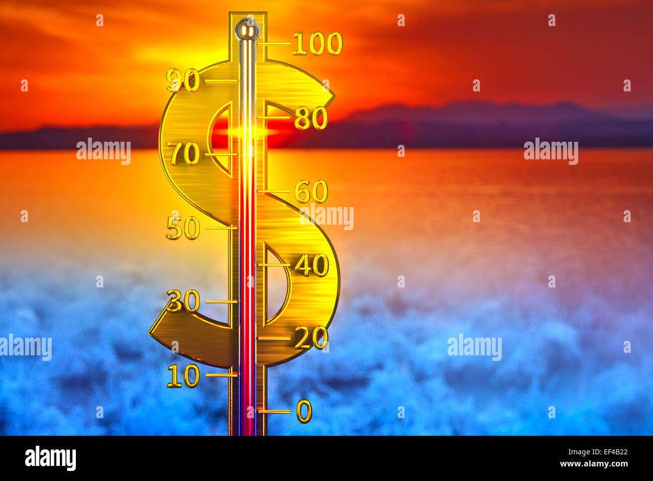 Dollar thermometer concept. Showing growth of dollar. Rising to high ...
