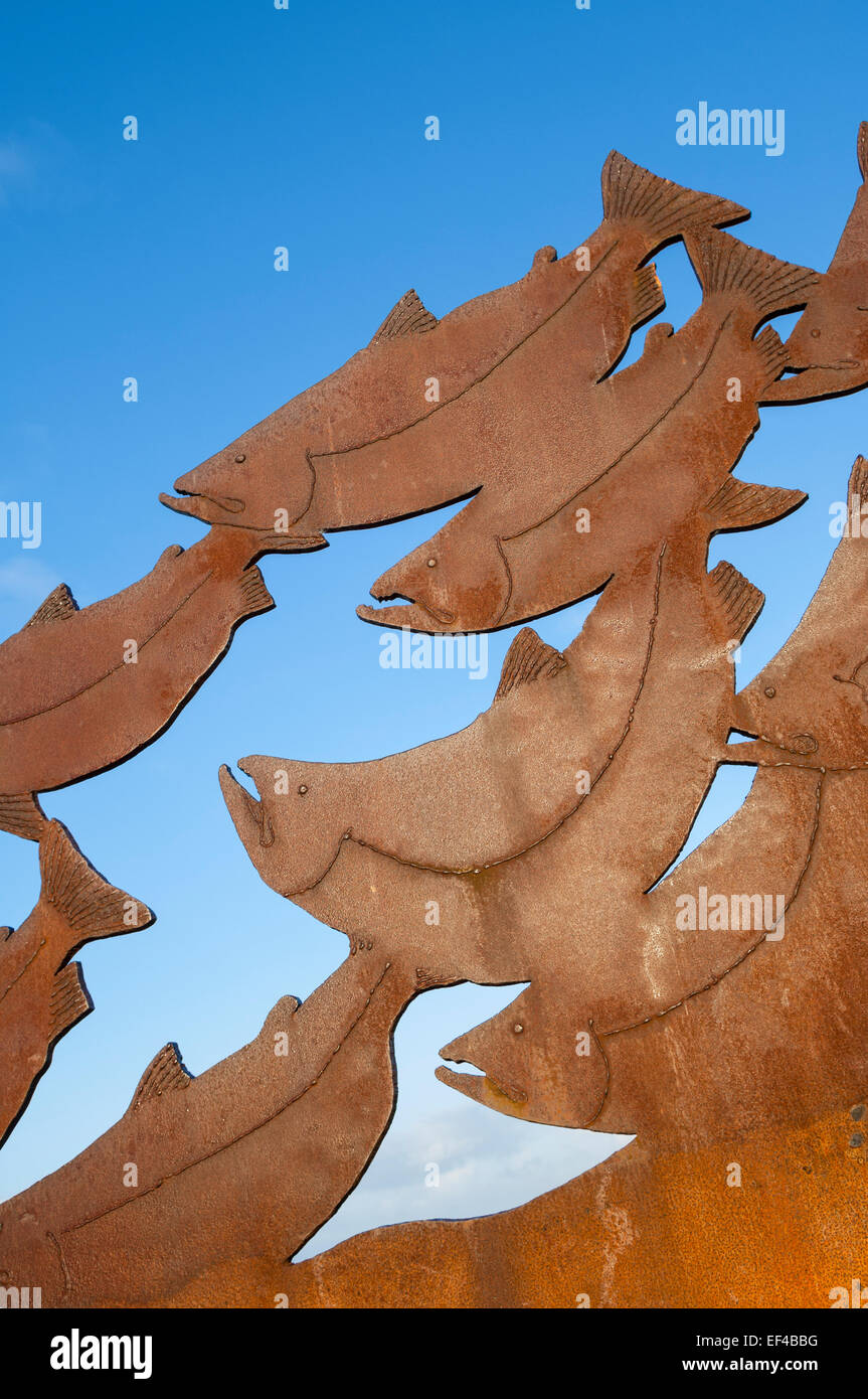 Metal sculpture of salmon at the historic Taft District of Lincon CIty ...