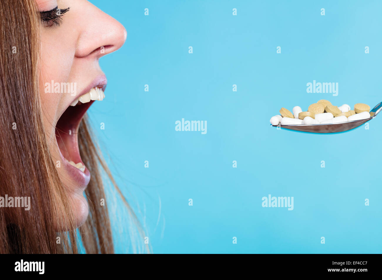 Concept of health care or abuse and addiction tablets. Young woman ...