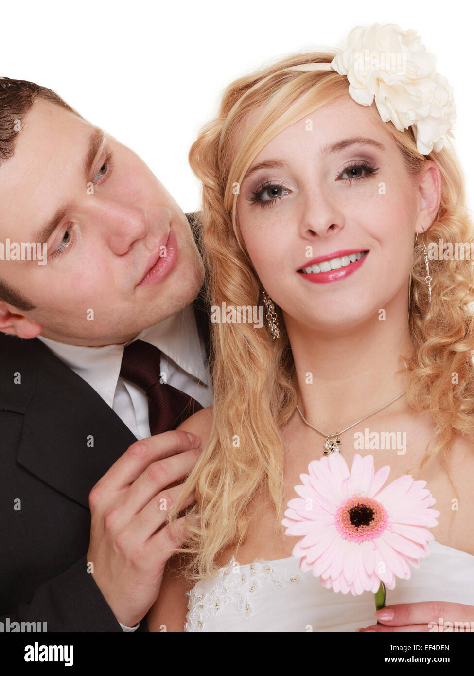 Wedding day. Portrait of happy bride and groom couple isolated on white ...