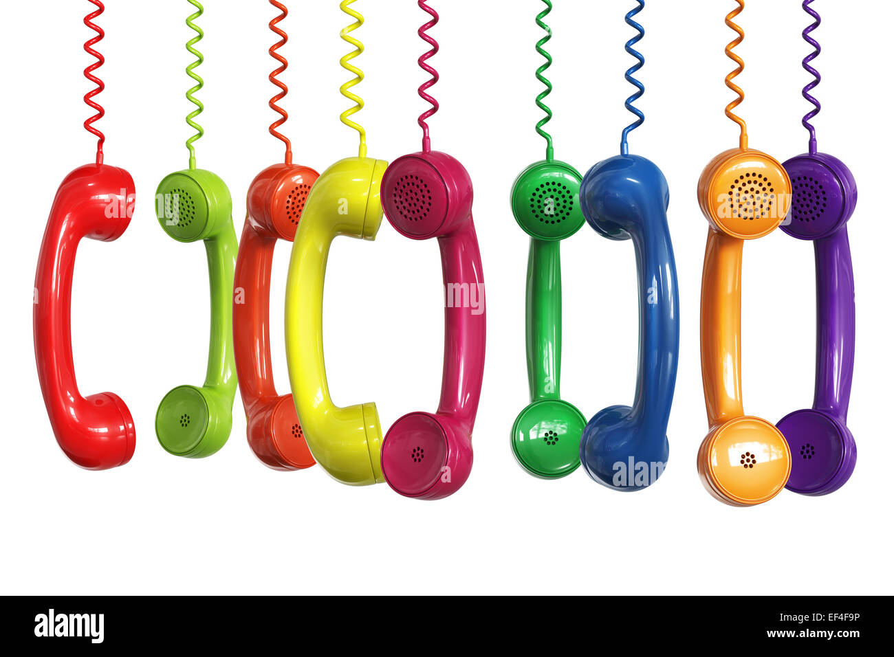 3d render of different colors phone receivers hanging Stock Photo - Alamy