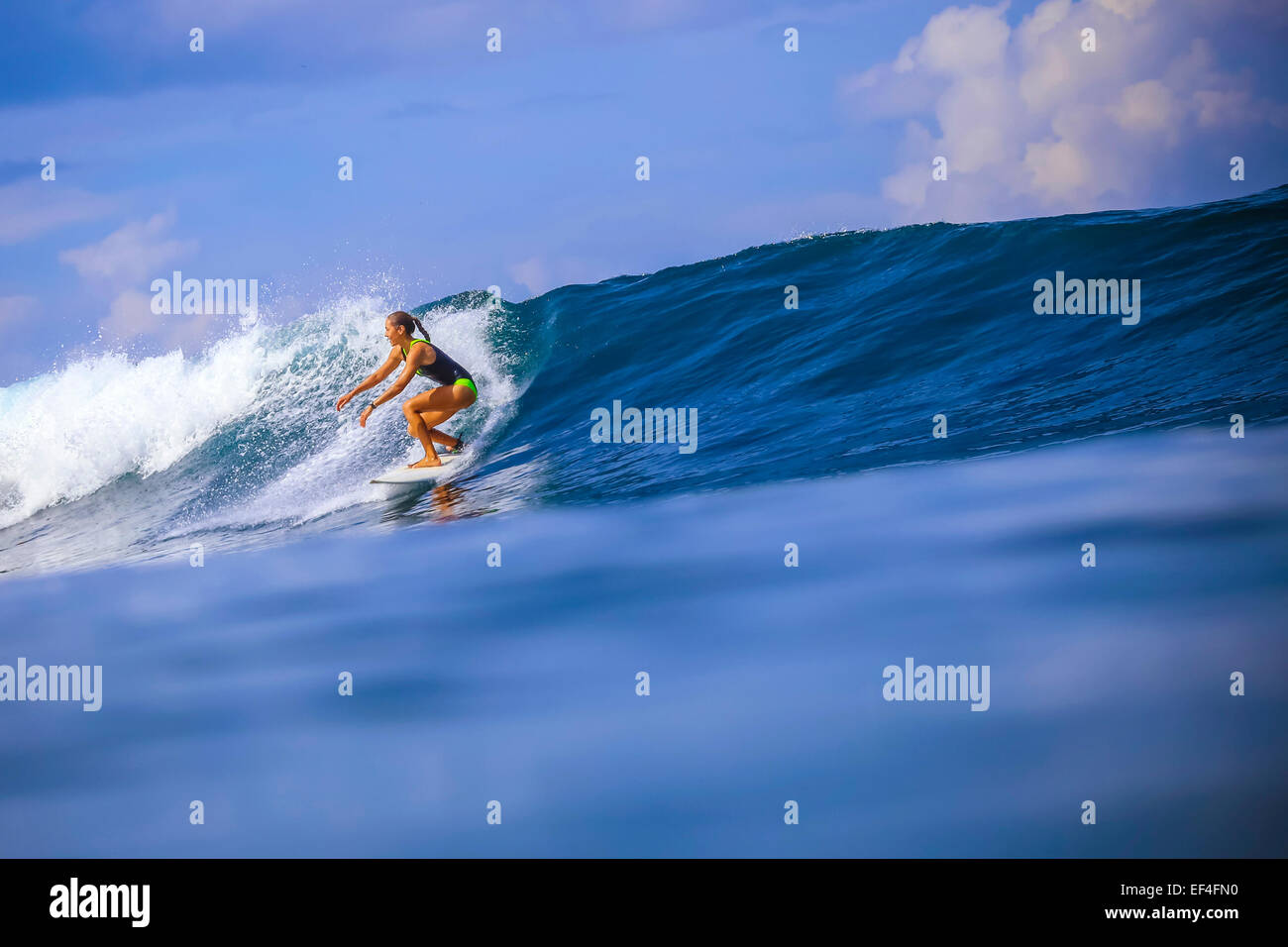 Surfer girl on Amazing Blue Wave, Bali island Stock Photo - Alamy