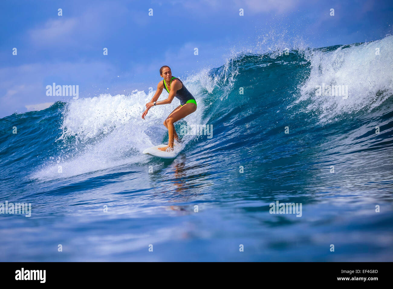 Surfer girl on Amazing Blue Wave, Bali island Stock Photo - Alamy