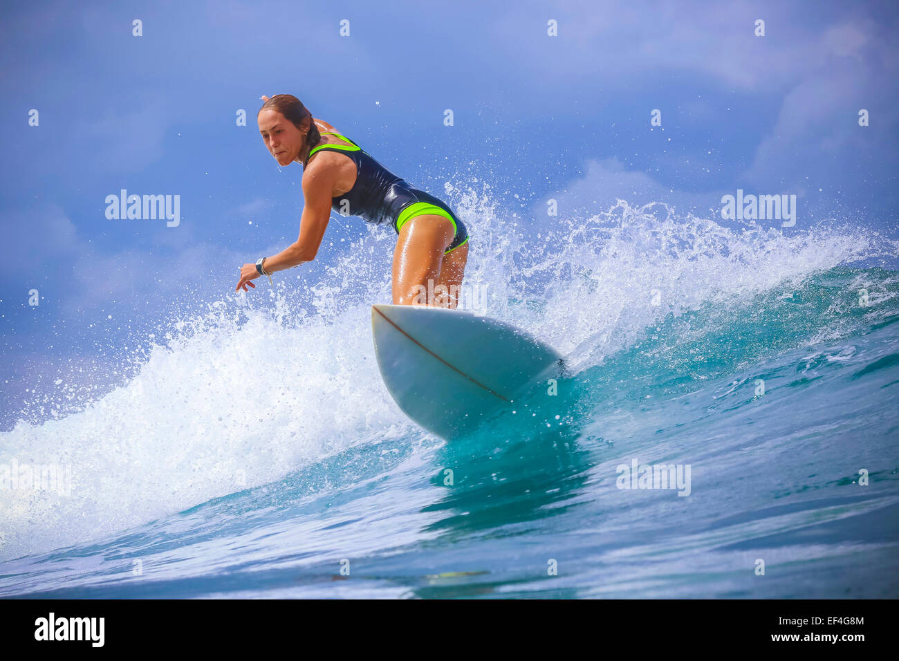 Surfer girl on Amazing Blue Wave, Bali island Stock Photo - Alamy