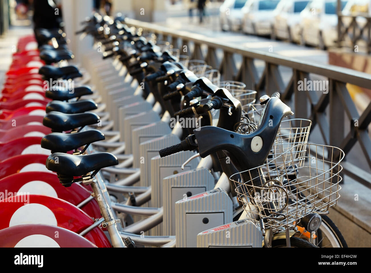 City Hire Bicycles Parked In Row. Small GRIP, the focus is at the ...