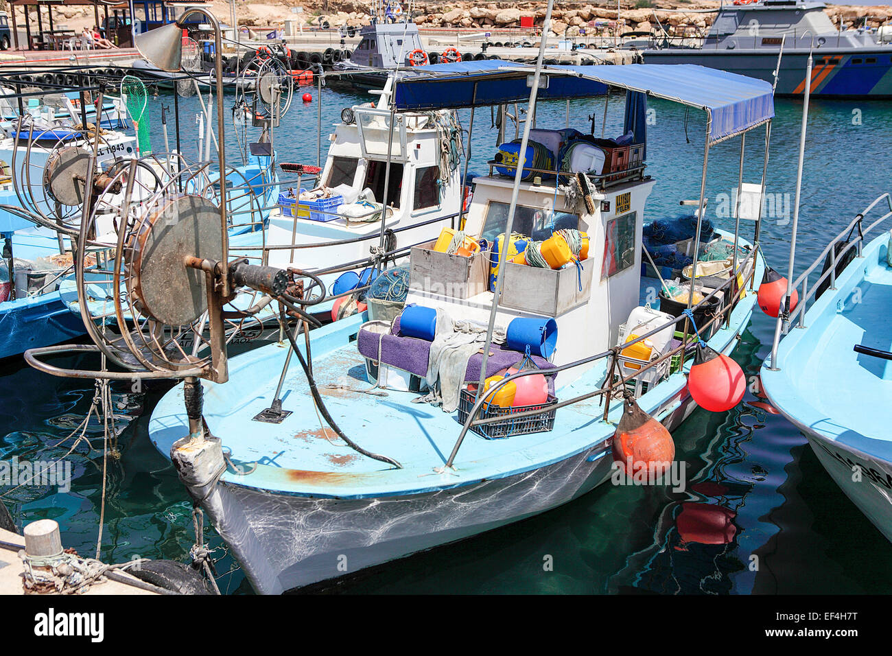 Cypriot fishing craft at their moorings in Pernera, Cyprus Stock Photo ...