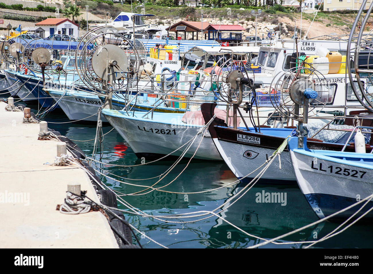 Cypriot fishing craft at their moorings in Pernera, Cyprus Stock Photo ...