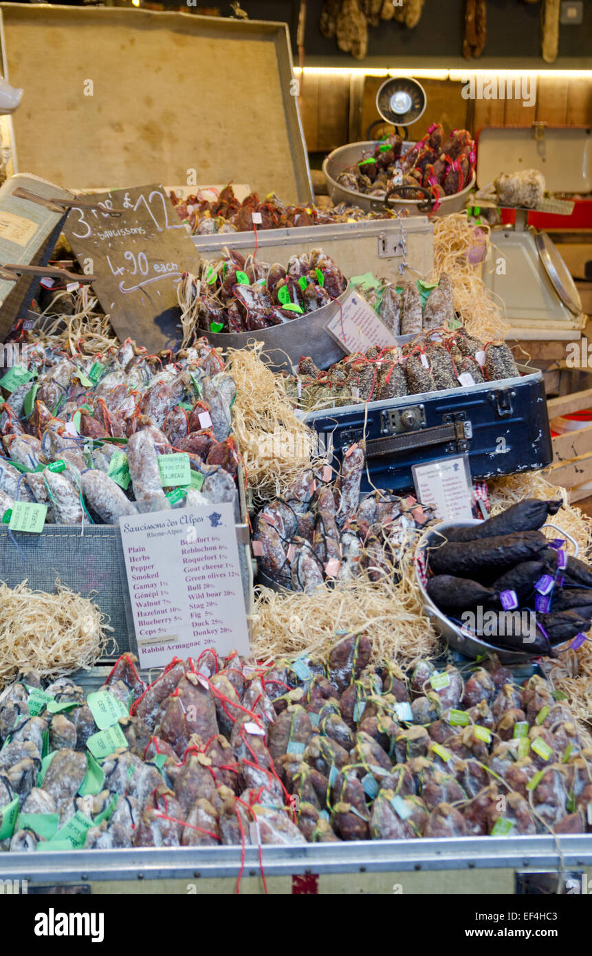 Rustic display of artisan produced saucissons on a stall at London's ...