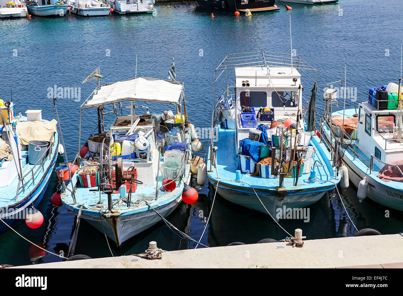 Cypriot fishing craft at their moorings in Pernera, Cyprus Stock Photo ...