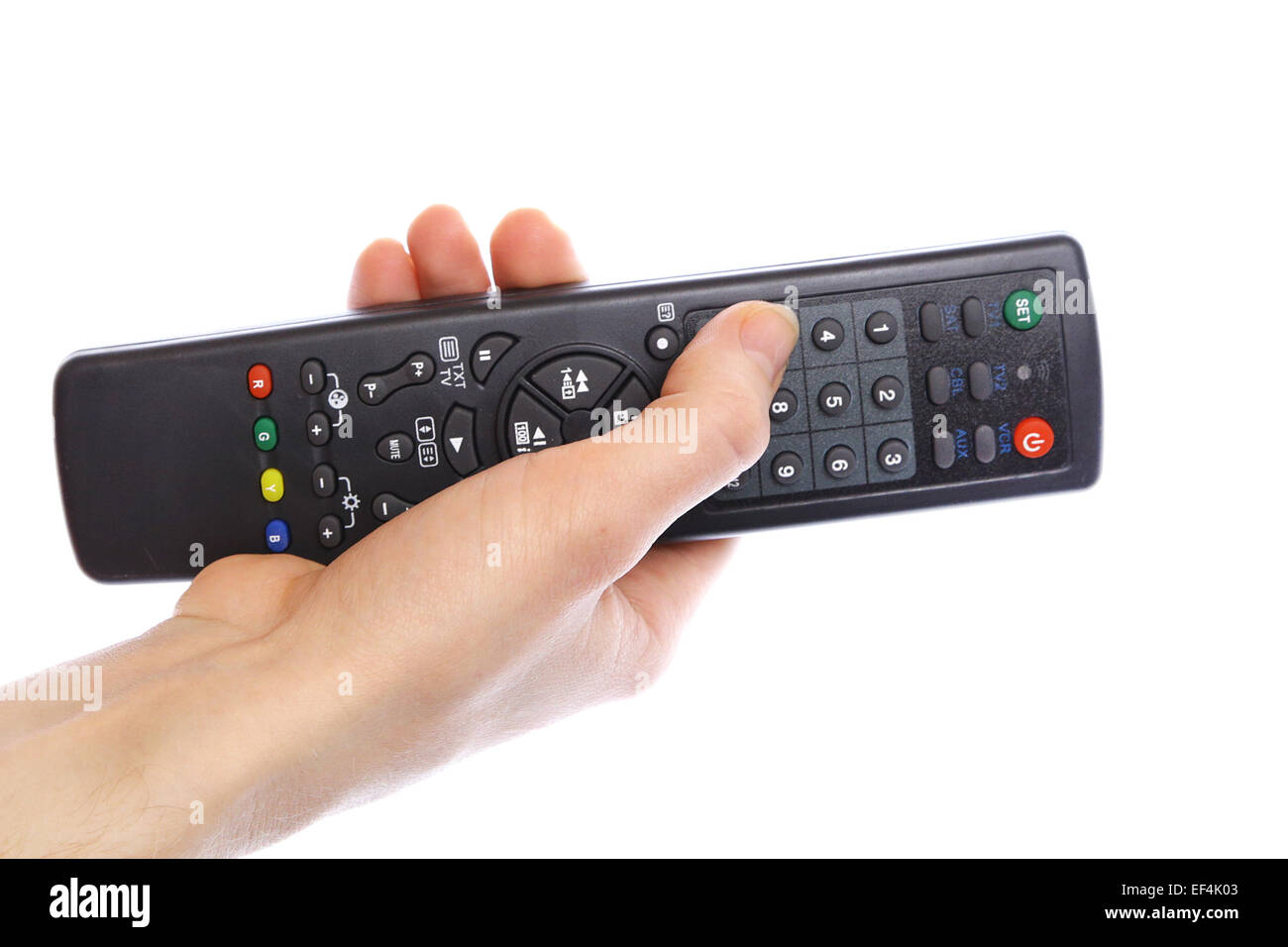 hand holding new universal remote control on white background Stock ...