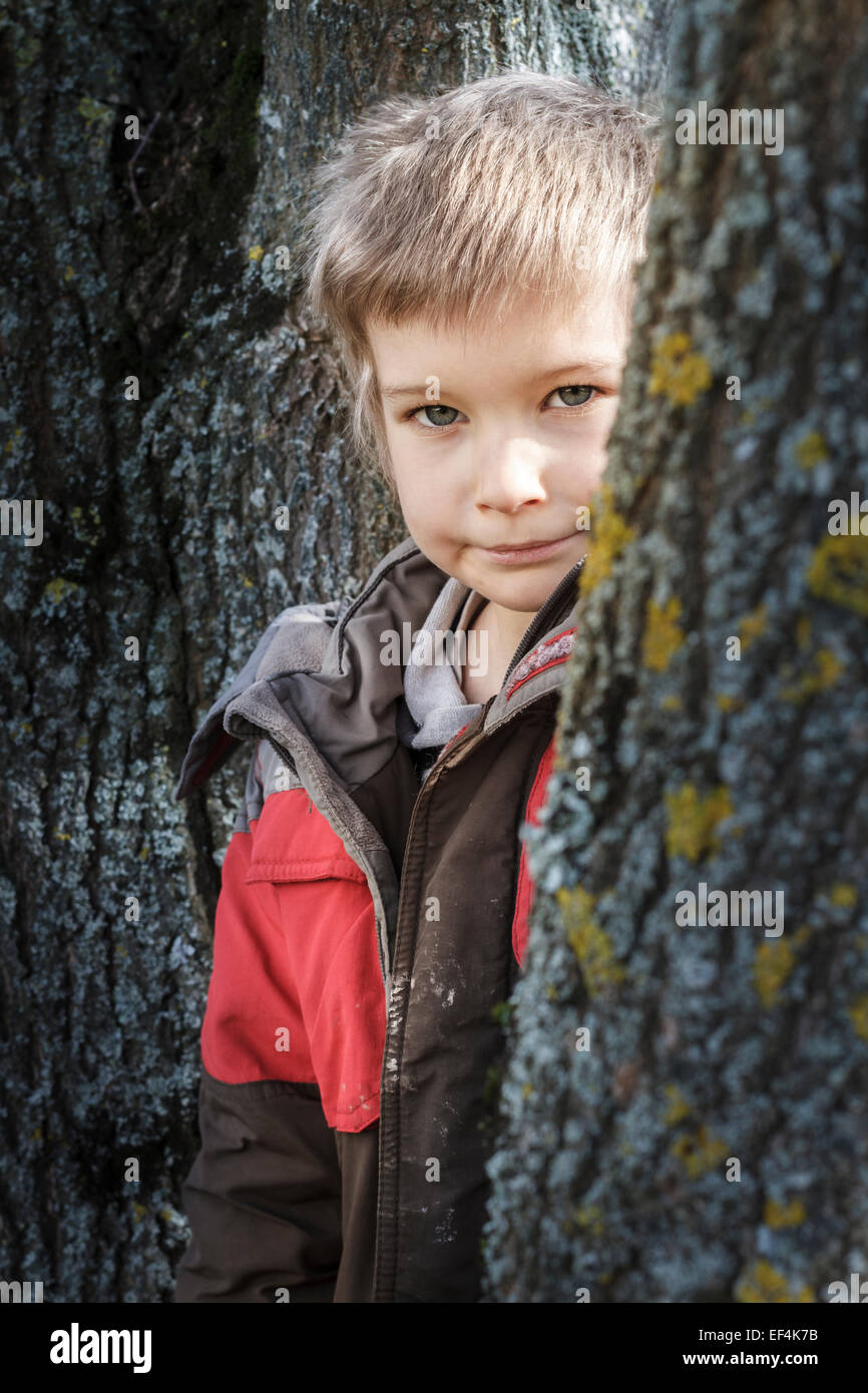 boy child portrait trees trunks Stock Photo - Alamy