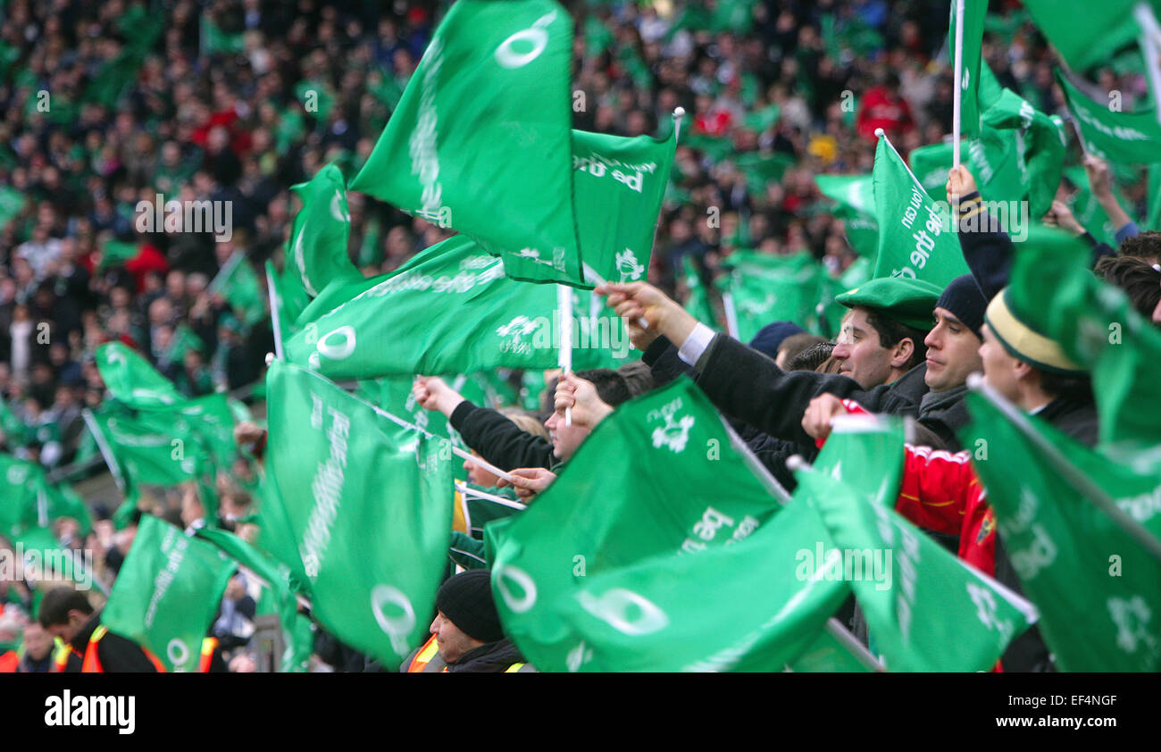 Irish Rugby Supporters wave green flags during Ireland's Rugby match ...