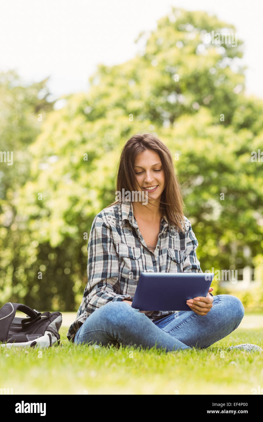 female student with bag, tablet pc and folders Stock Photo - Alamy