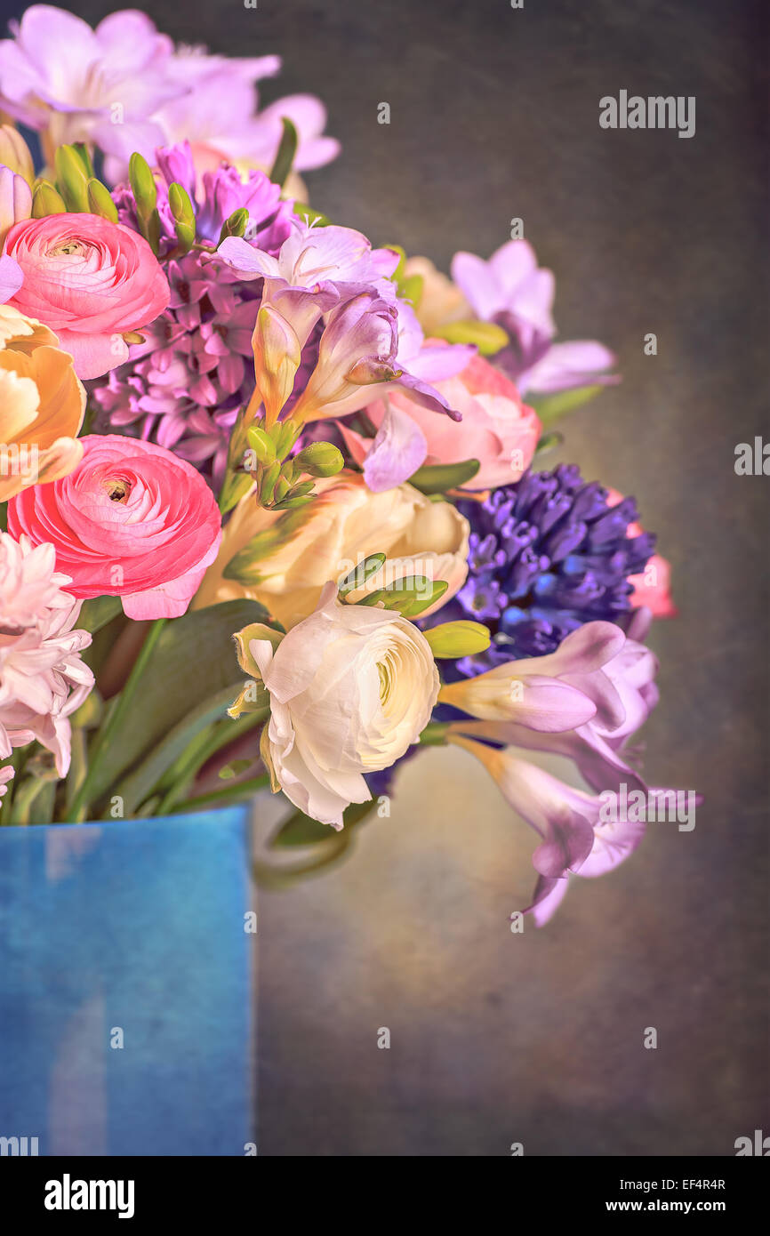 bunch of freesias, tulips, ranunculus and hyacinths Stock Photo - Alamy