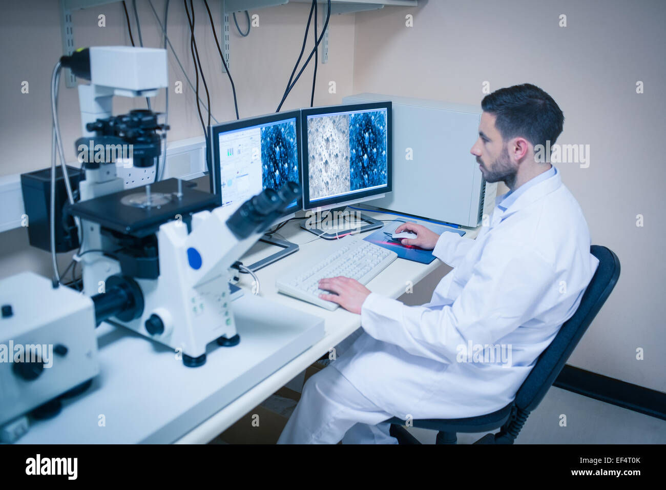 Science student looking at microscopic images Stock Photo - Alamy