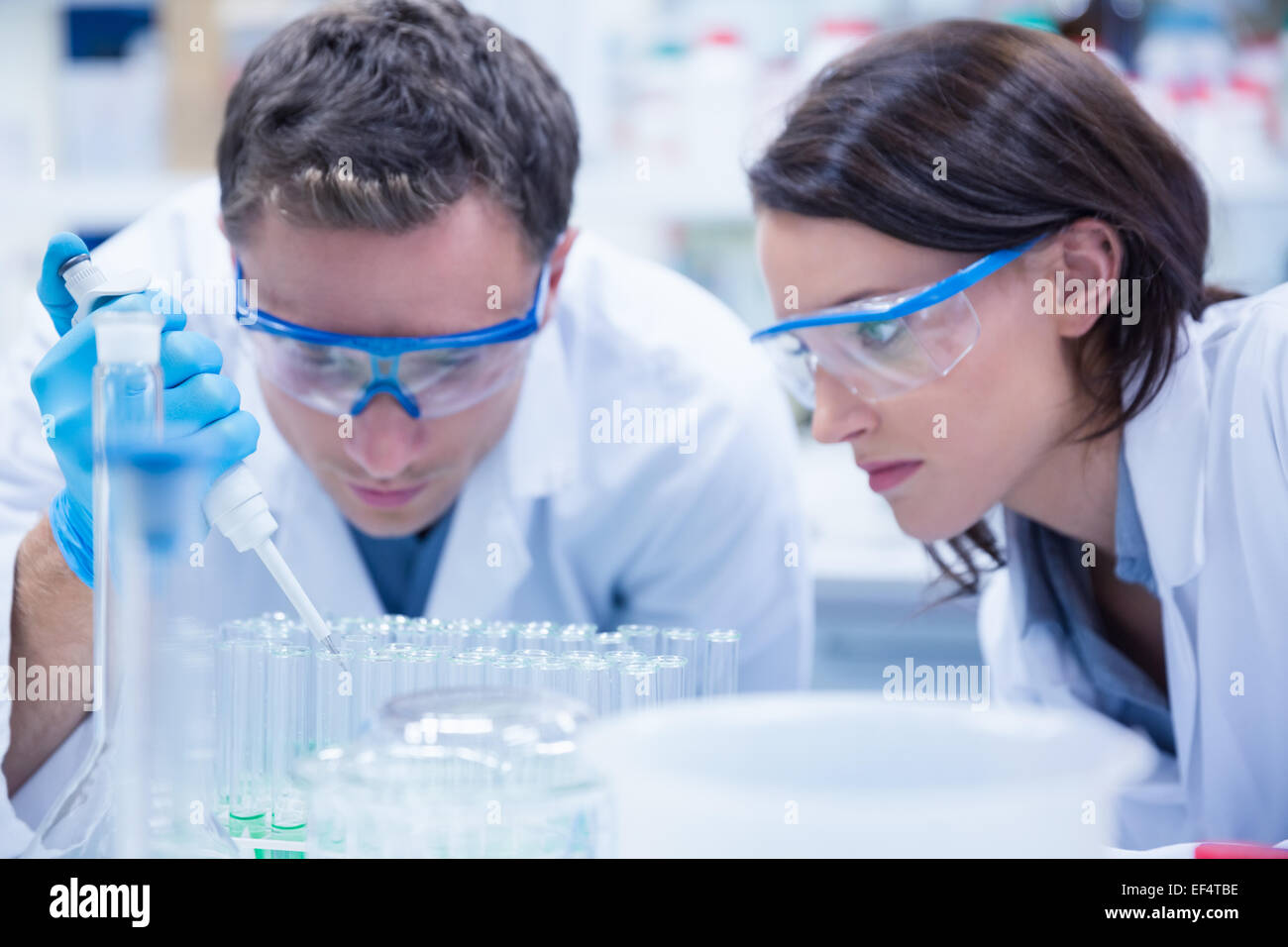 Chemist team working with pipette and test tube Stock Photo - Alamy