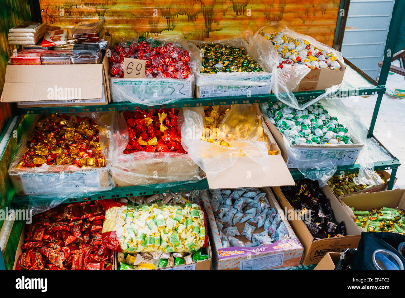 UKRAINE, KIEV - December 12, 2012: Assorted sweets candy is on display ...