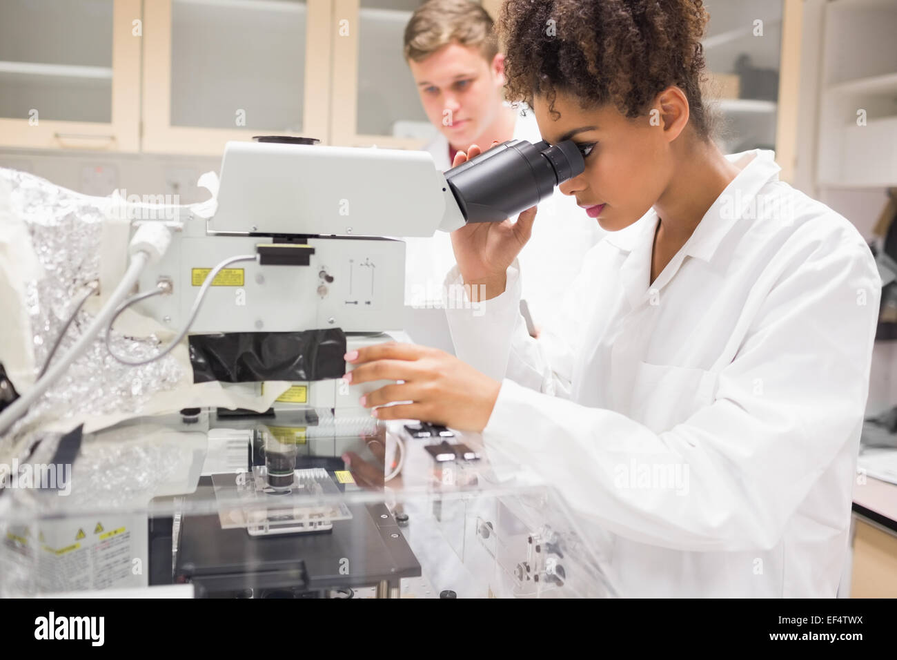 Pretty science student using microscope Stock Photo - Alamy