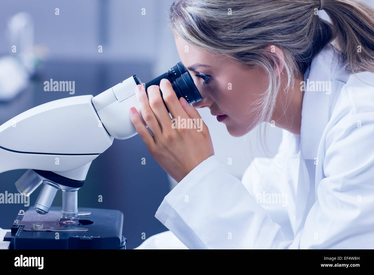 Science student looking through microscope in the lab Stock Photo - Alamy