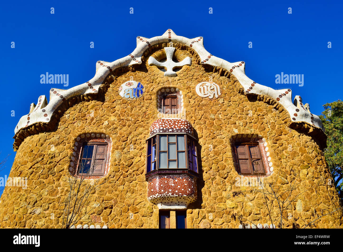 Casa del Guarda at the entrance. Park Guell designed by Antoni Gaudi ...