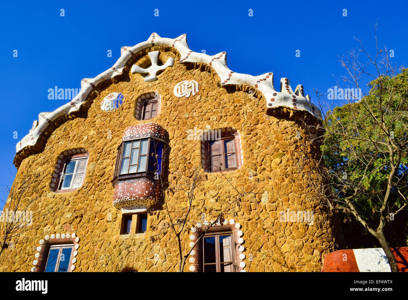 Casa del Guarda at the entrance. Park Guell designed by Antoni Gaudi ...