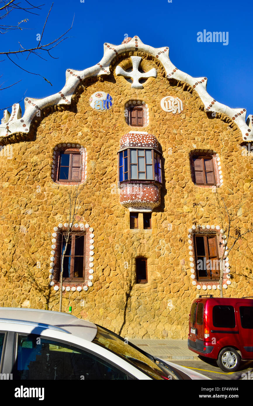 Casa del Guarda at the entrance. Park Guell designed by Antoni Gaudi ...