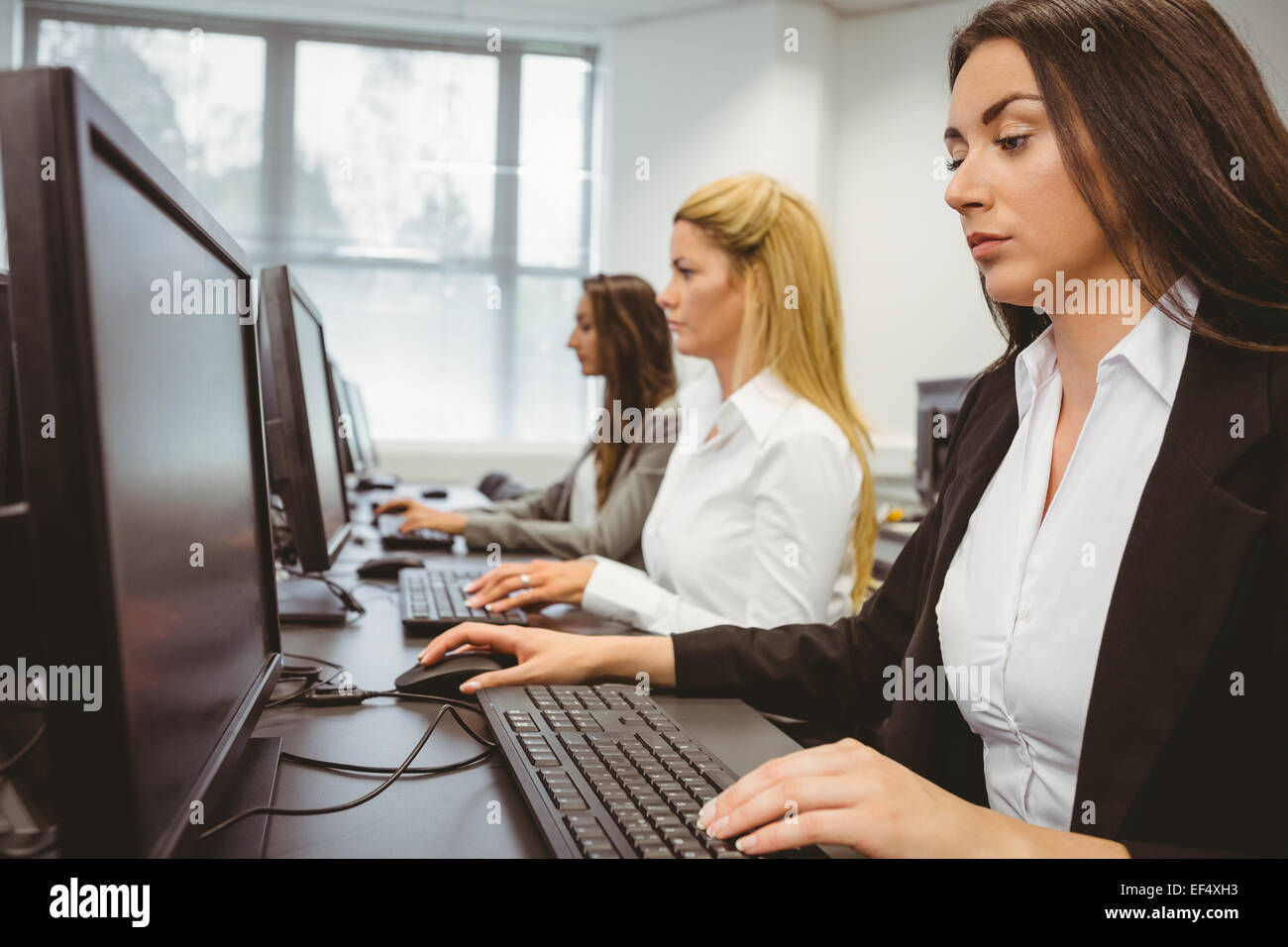 Three focused women working in computer room Stock Photo - Alamy