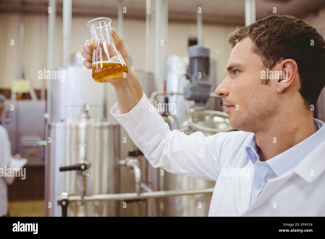 Focused scientist looking beaker with beer Stock Photo - Alamy