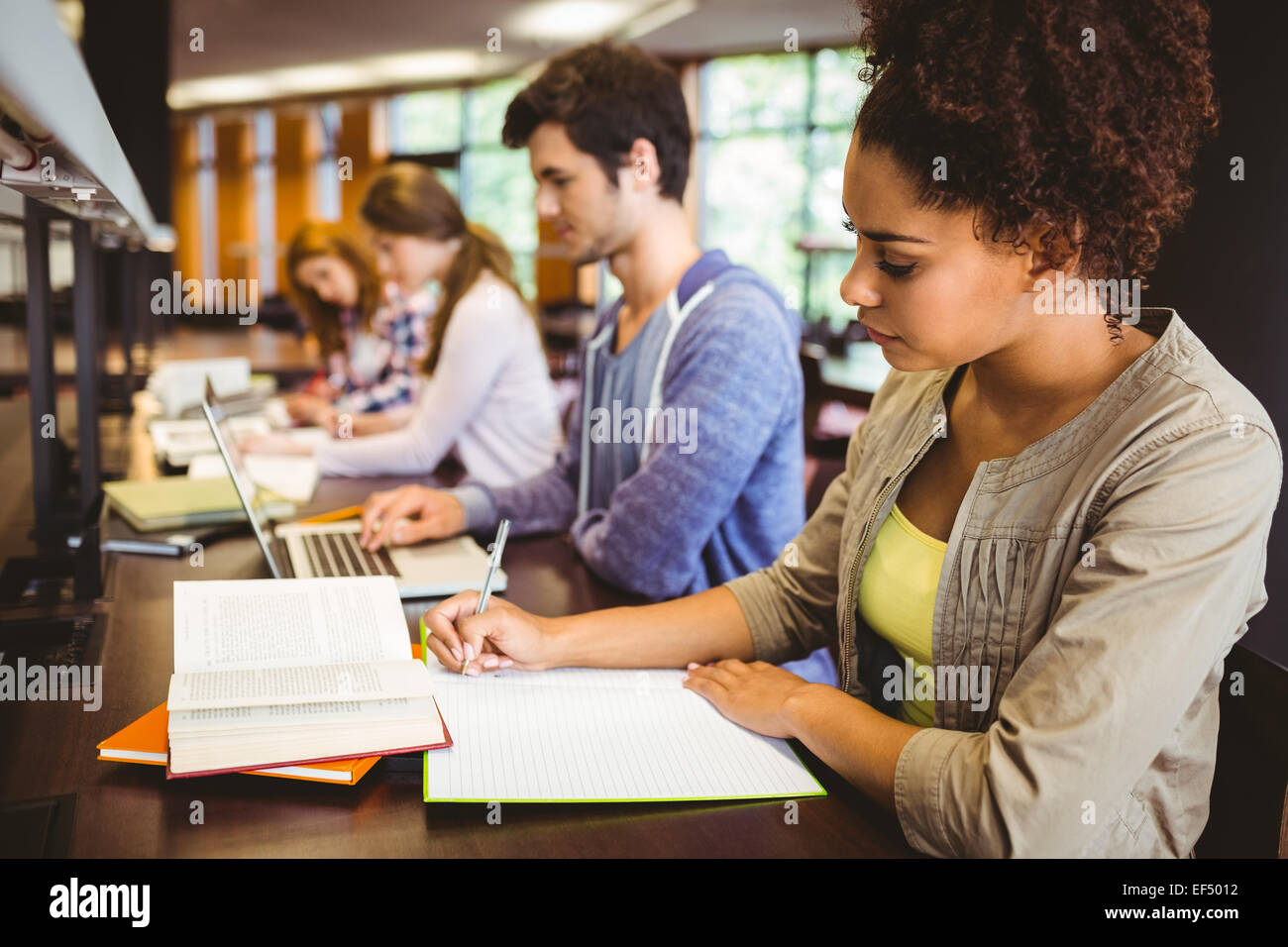 Focused students sitting in a line writing Stock Photo - Alamy