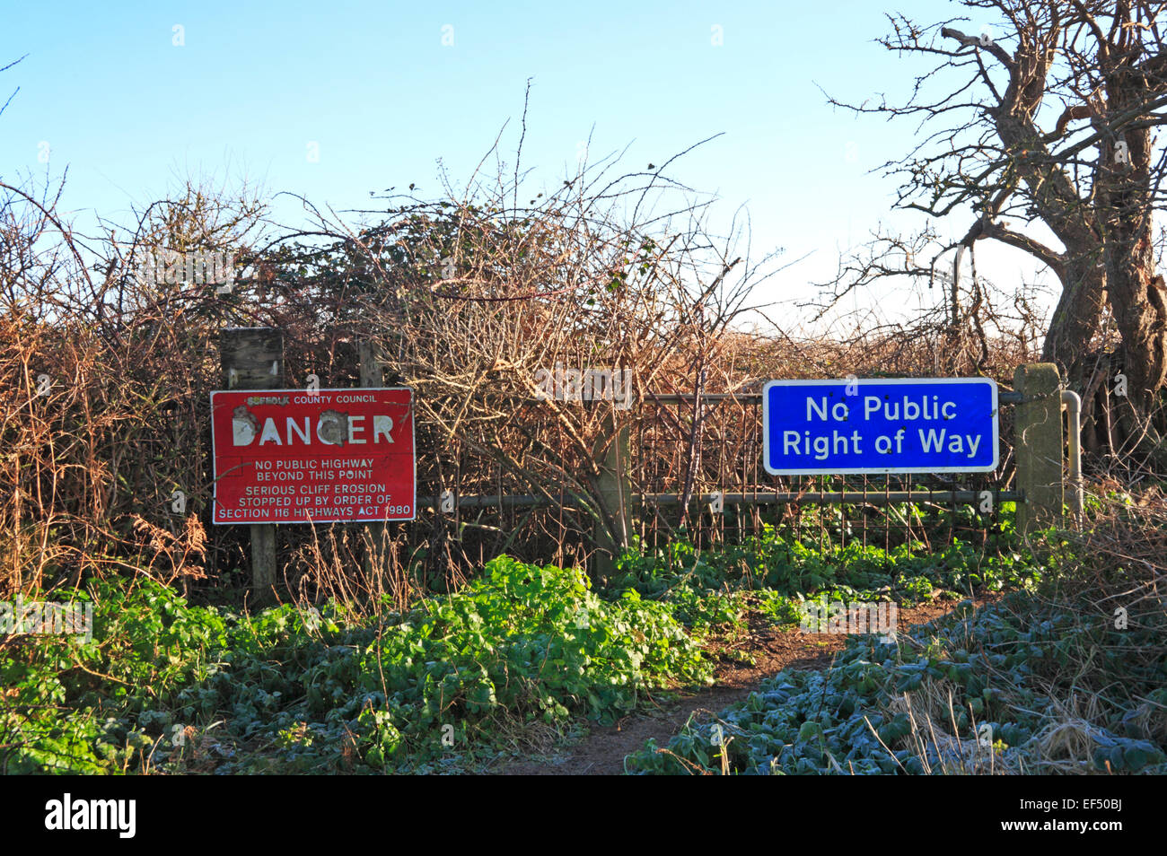 Warning notices on road terminating at cliff top due to coast erosion ...