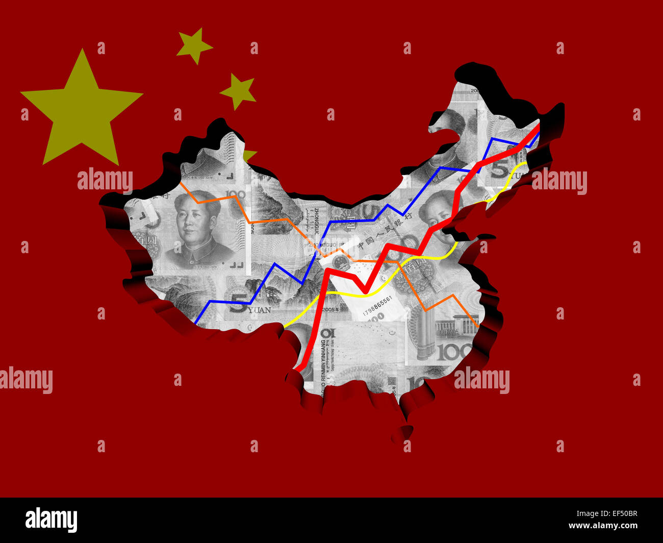 China map with flag and graphs on Yuan illustration Stock Photo - Alamy