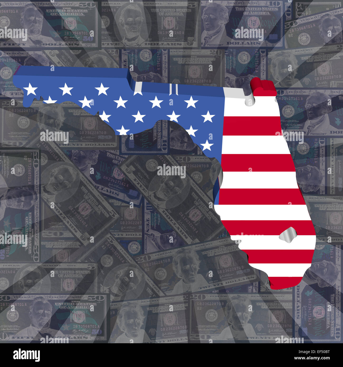 Florida map flag on dollars sunburst illustration Stock Photo - Alamy