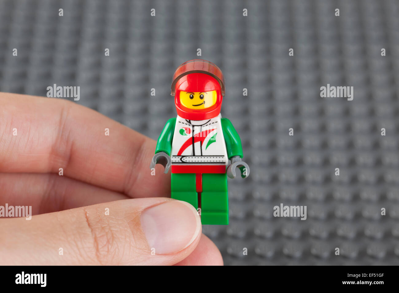Tambov, Russian Federation - July 26, 2014 Lego race car's driver in ...