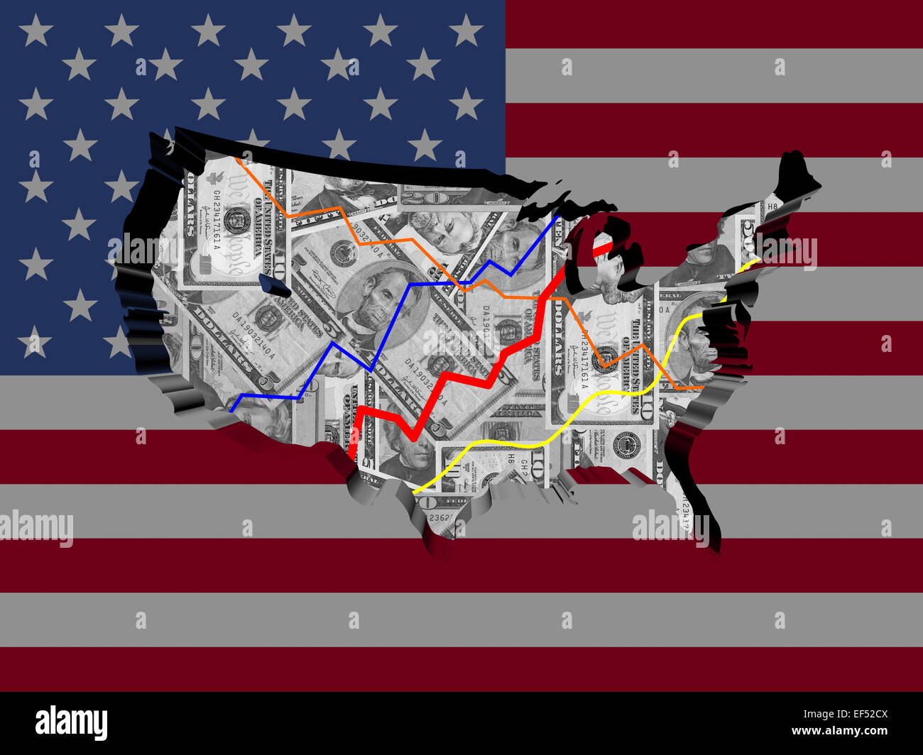 USA map with flag and graphs on dollars illustration Stock Photo - Alamy