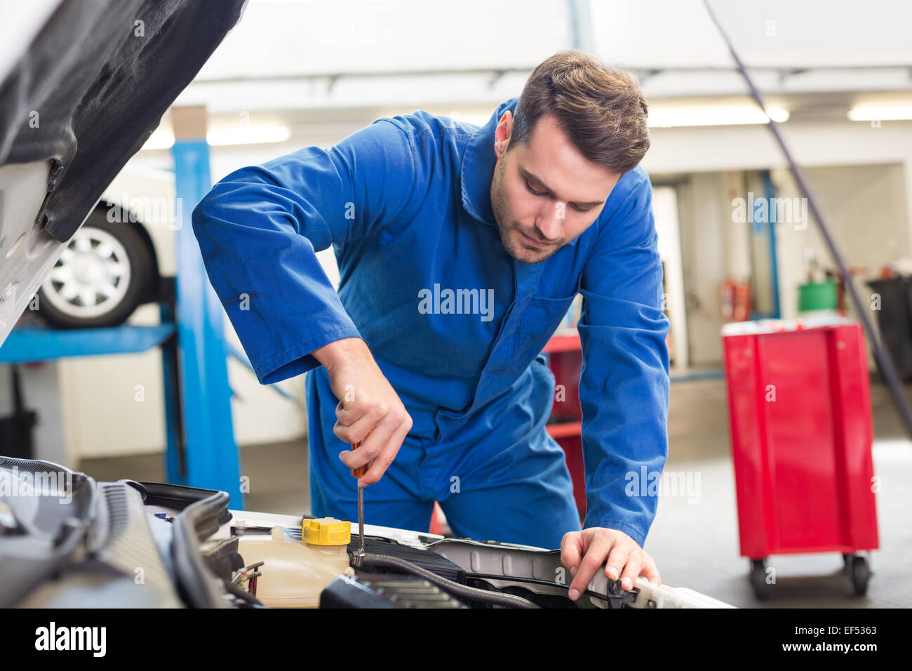 Mechanic examining under hood of car Stock Photo - Alamy