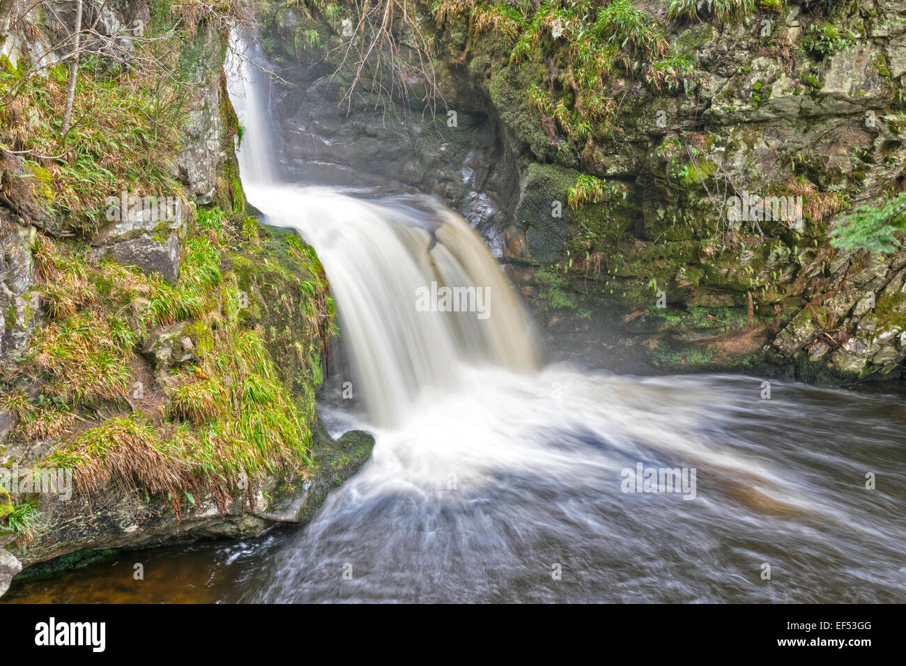 ABERLOUR STREAM OR BURN THE WATERFALL IN FULL FLOOD IN JANUARY SCOTLAND ...