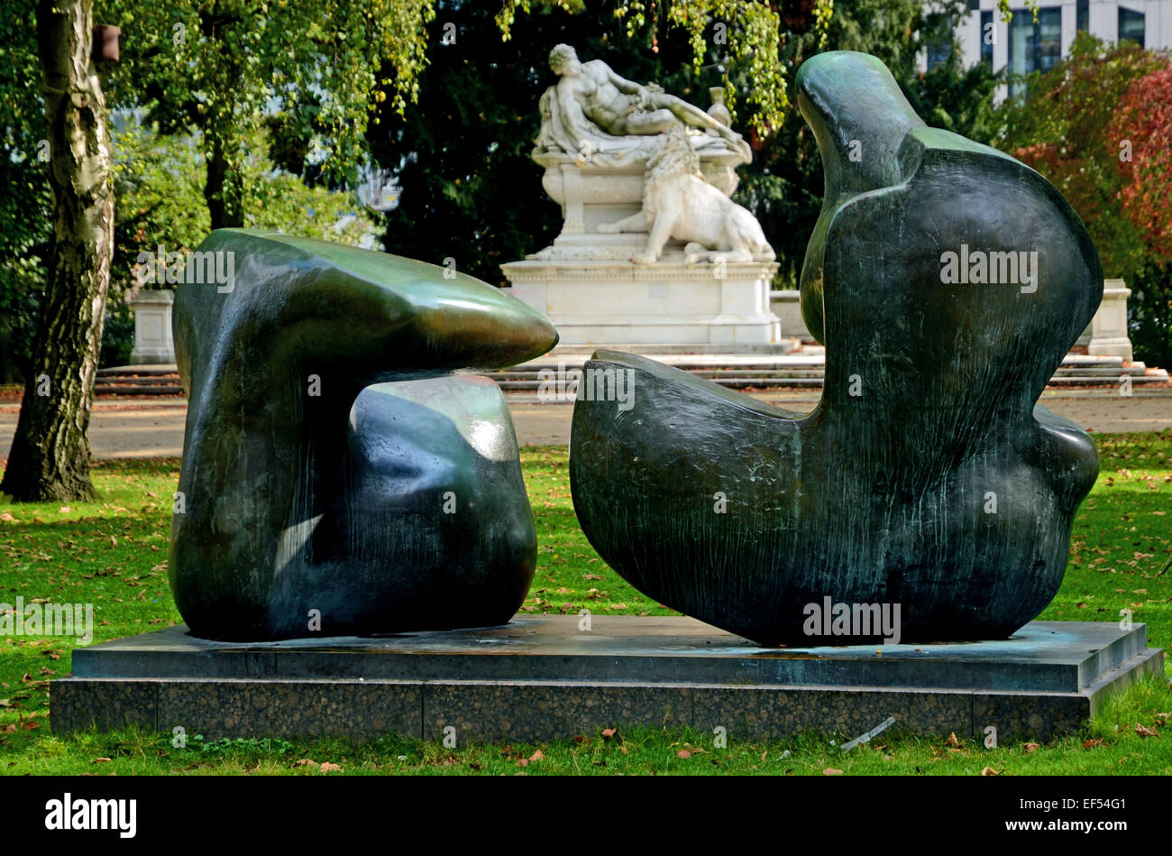 The bronze sculpture 'Two Piece Reclining Figure' by English sculpturer ...