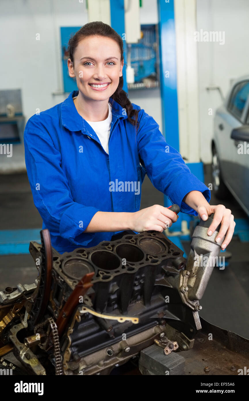 Mechanic smiling at the camera fixing engine Stock Photo - Alamy