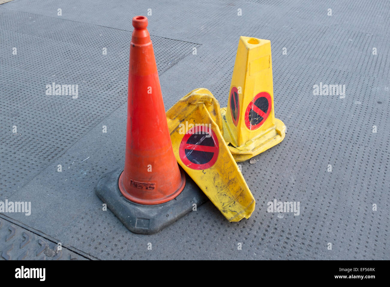 Traffic cones group close to each other as if working together. London ...