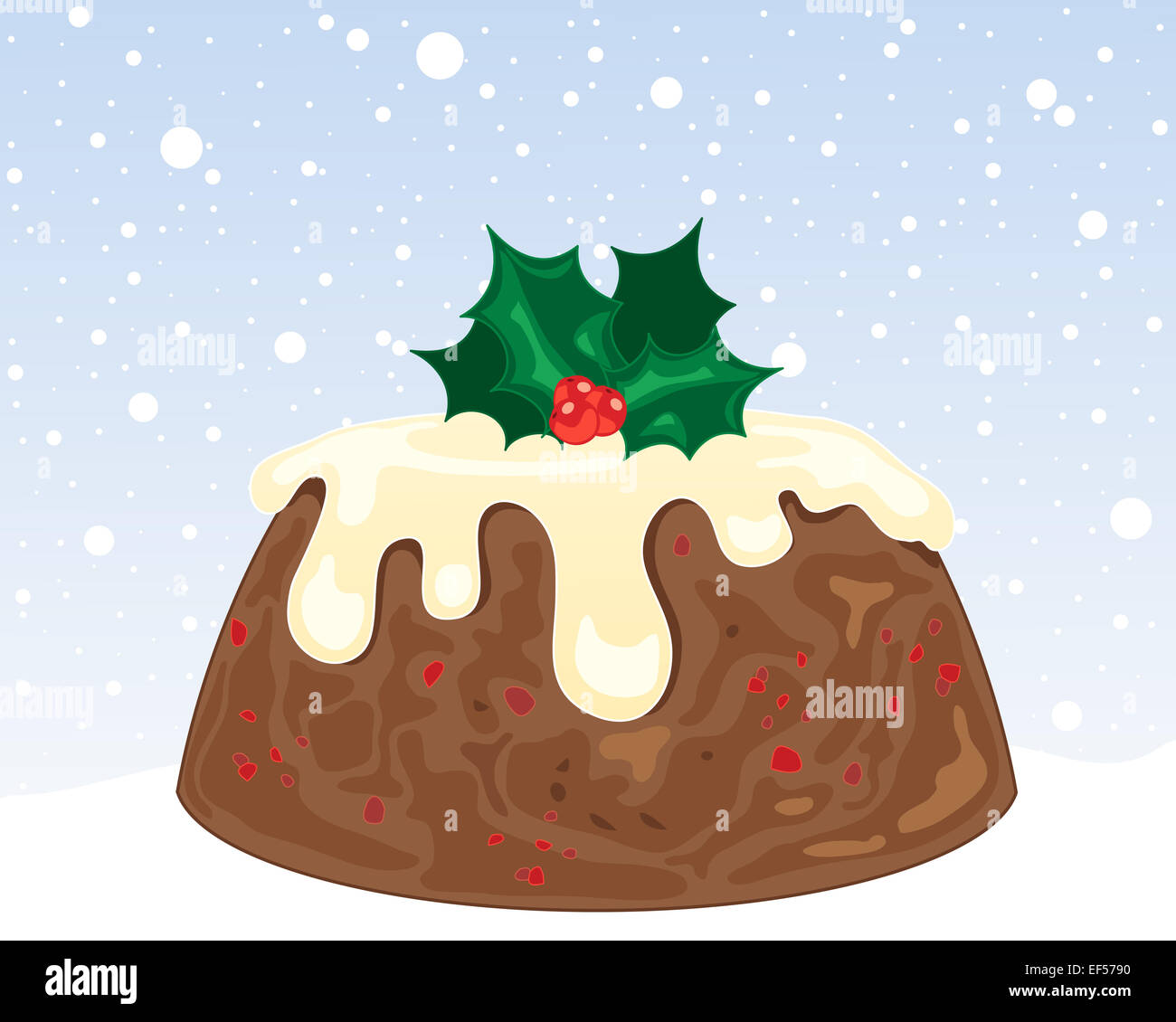 an illustration of a Christmas pudding with cream frosting and holly ...