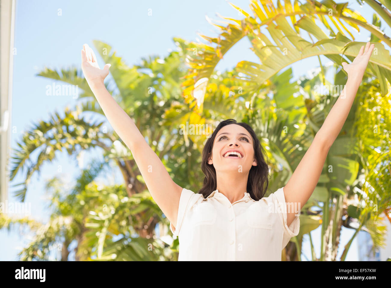 Carefree brunette with arms up Stock Photo - Alamy