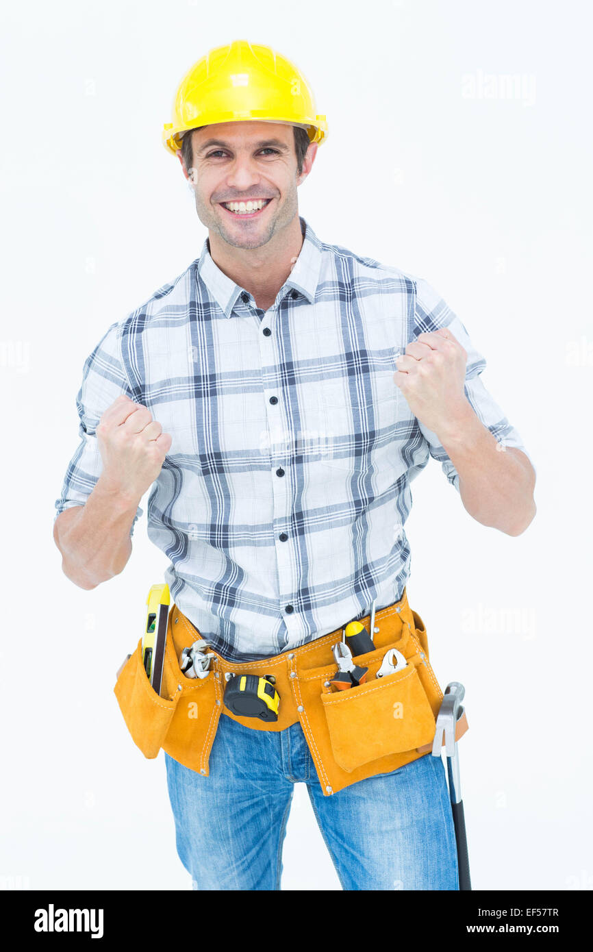 Successful technician celebrating victory Stock Photo - Alamy