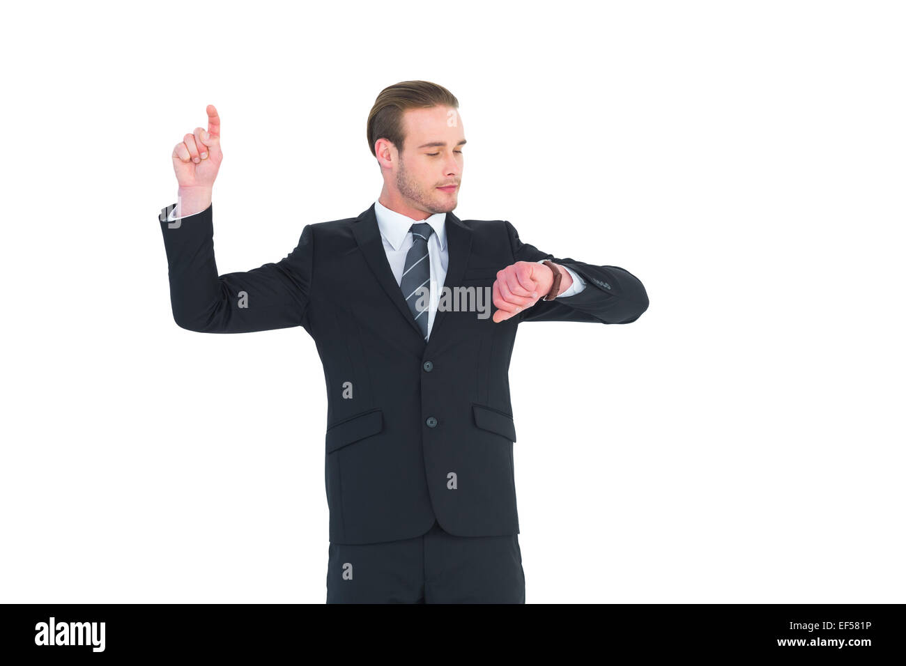 Businessman man checking time pointing up with finger Stock Photo - Alamy