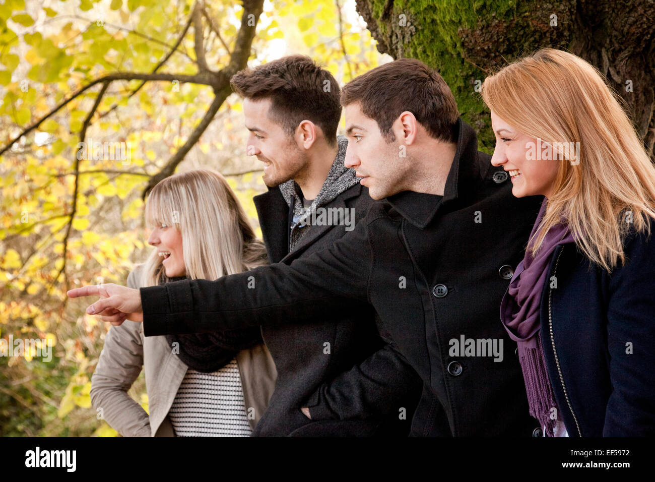 Group of friends, man pointing with hand Stock Photo - Alamy