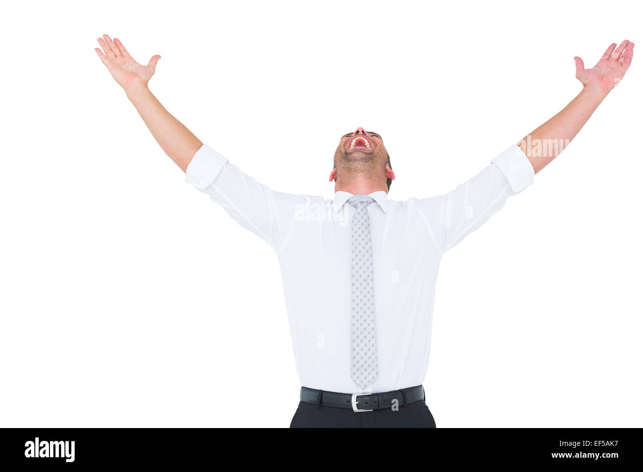 Handsome businessman cheering with arms up Stock Photo - Alamy