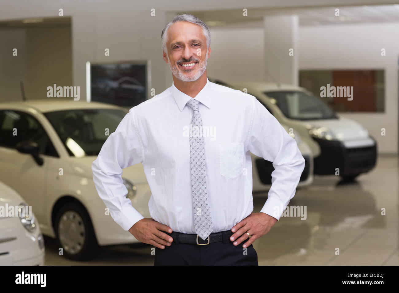 Smiling salesman standing with hands on hips Stock Photo - Alamy