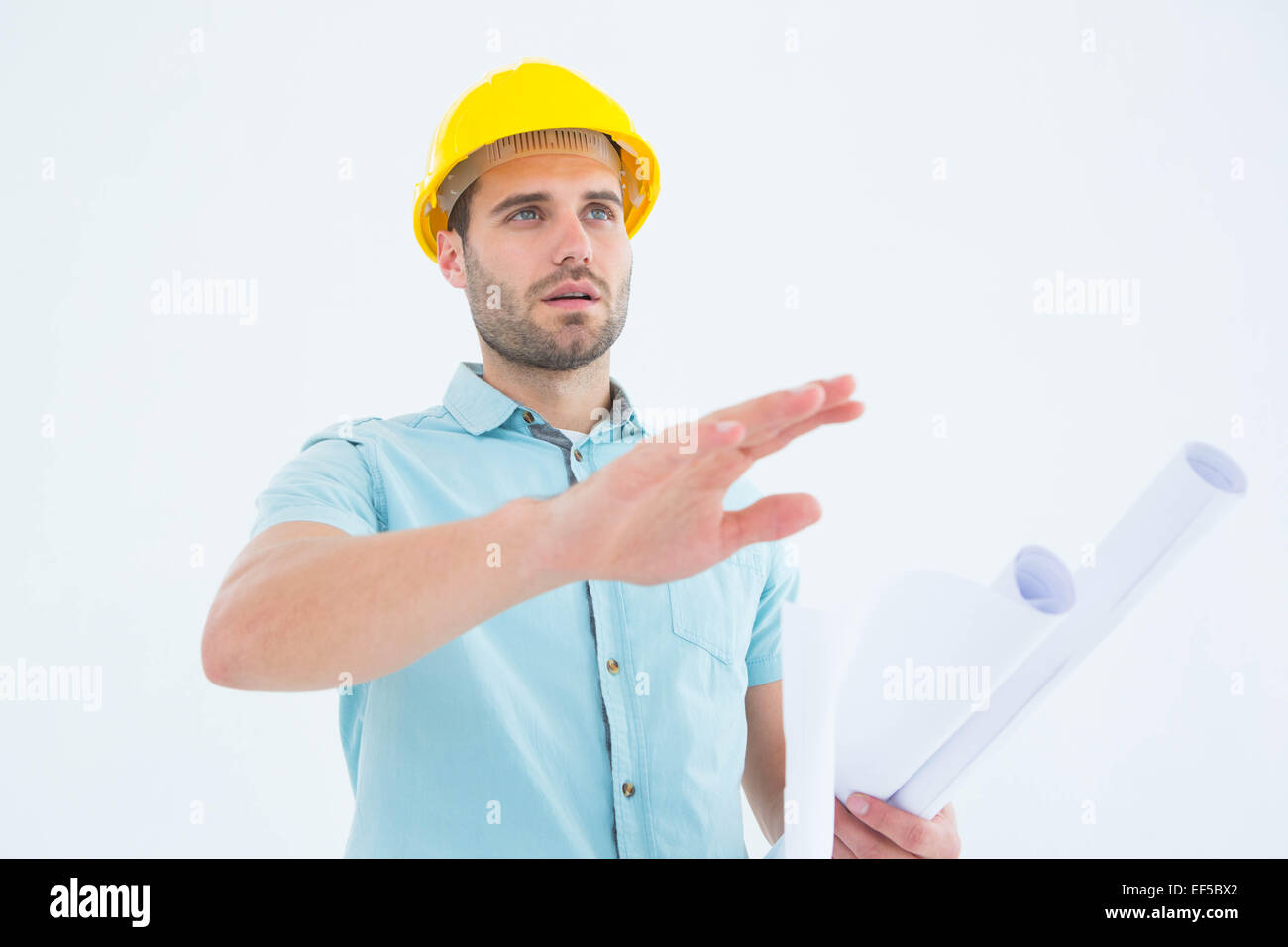 Architect with blueprint gesturing on white background Stock Photo - Alamy