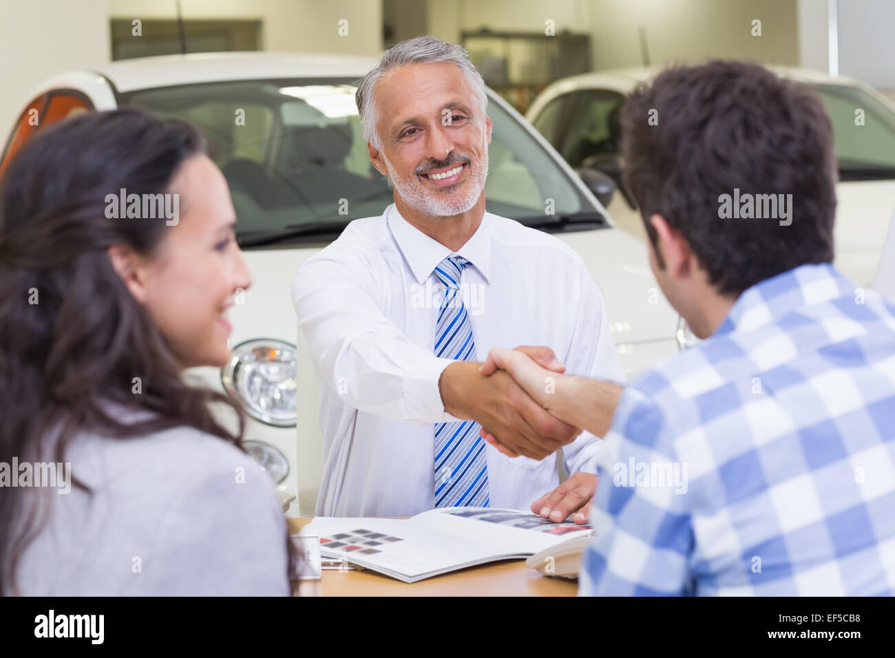 Smiling salesman shaking a customer hand Stock Photo - Alamy
