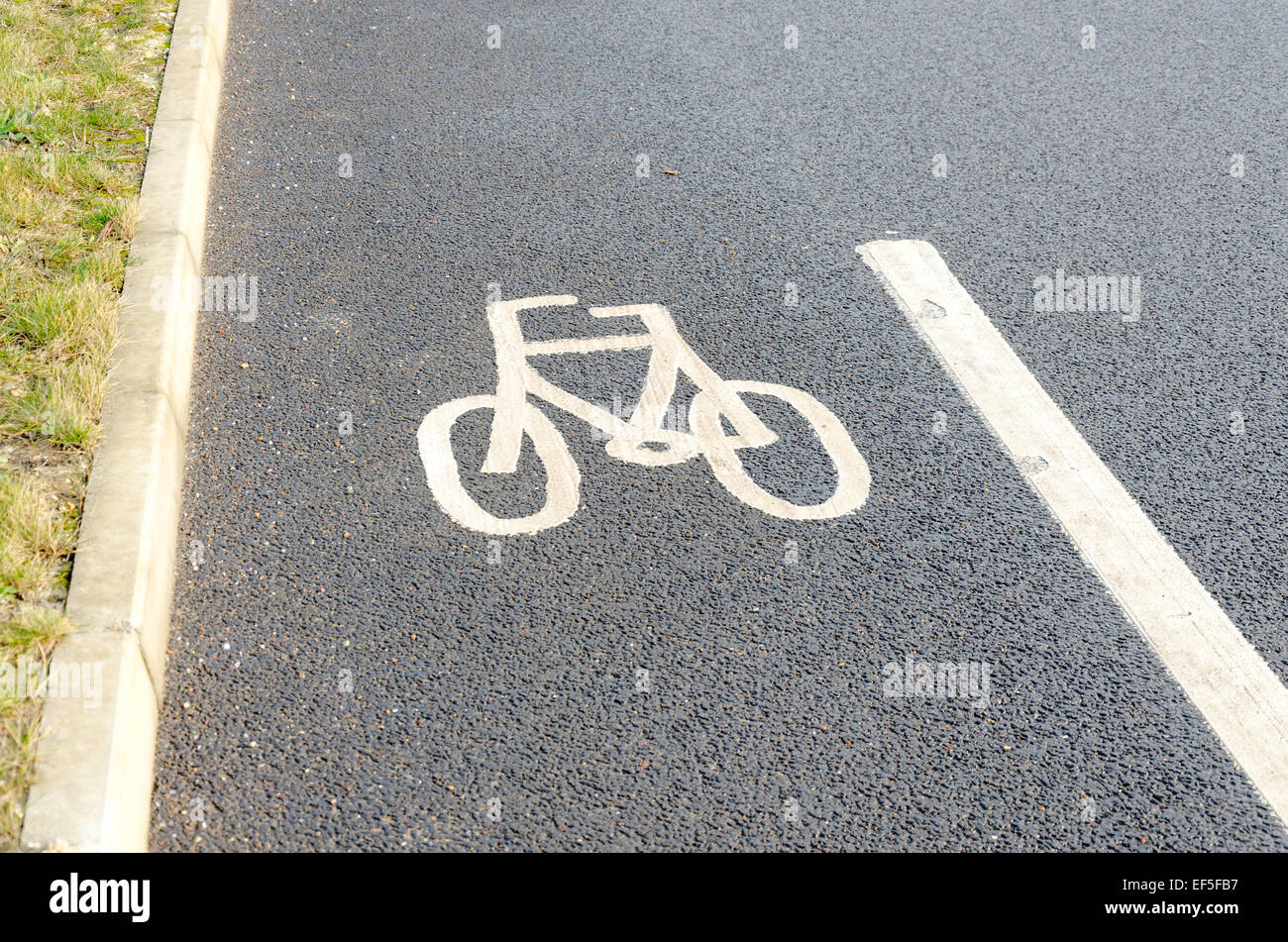 Painted cycle lane close up showing road and grass verge Stock Photo ...
